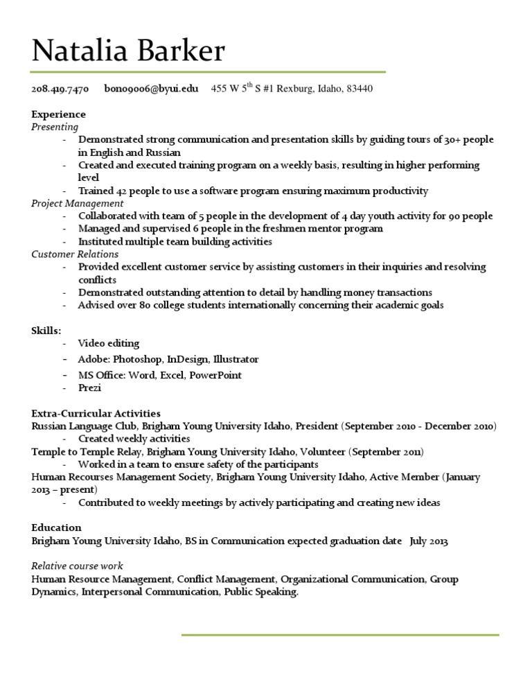 Natalia Barker's Communication Skills Resume | PDF