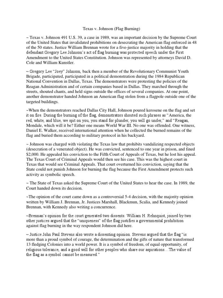 Texas v. Johnson: Flag Burning Case Explained | PDF | Supreme Court Of ...