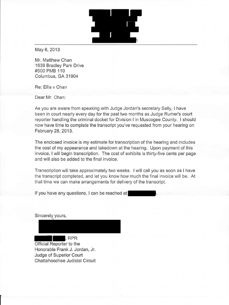 Court Reporter Letter & Invoice