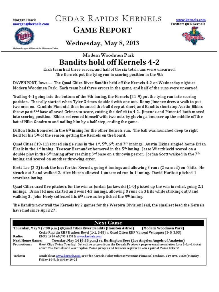 Kernels Game Story (5-8) | PDF | Run (Baseball) | Major League Baseball ...
