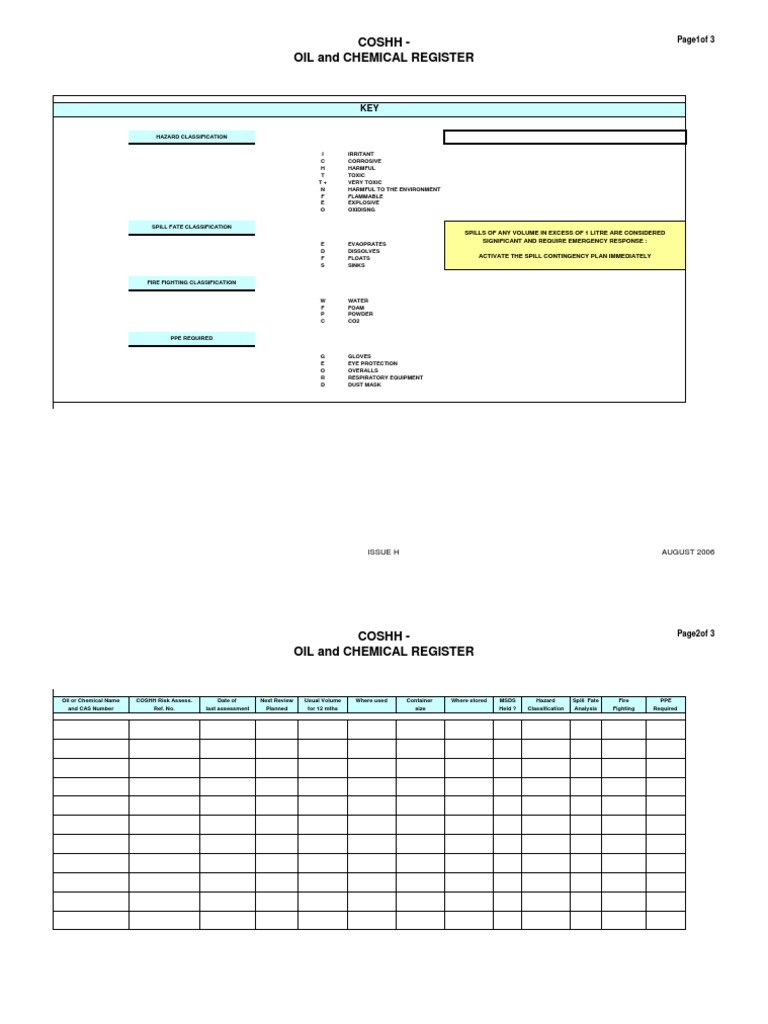 COSHH Oil and Chemical Register Guide | PDF | Science & Mathematics ...
