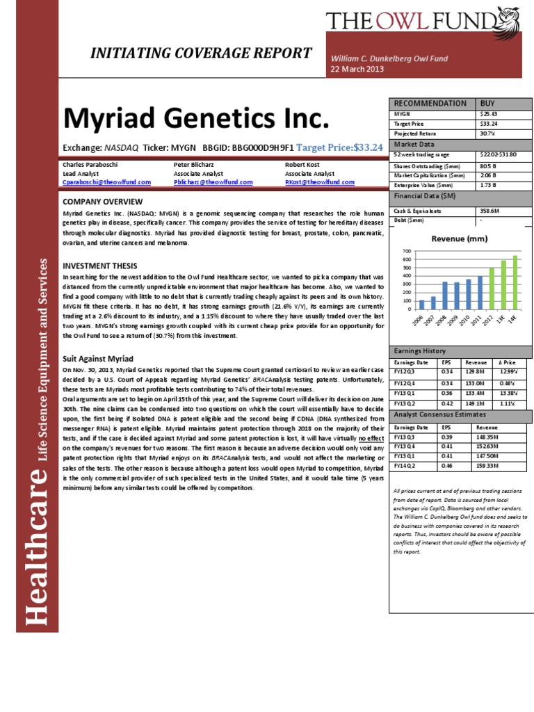 Myriad Genetics Coverage Report | PDF | Discounted Cash Flow | Discounting