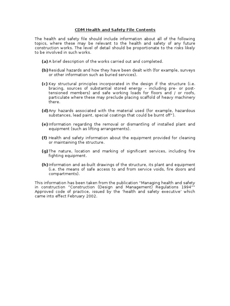 CDM Health and Safety File Contents | PDF