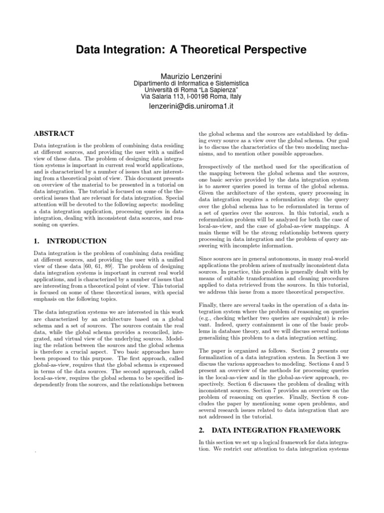 Data Integration: A Theoretical Perspective: Maurizio Lenzerini | PDF | Conceptual Model | Databases