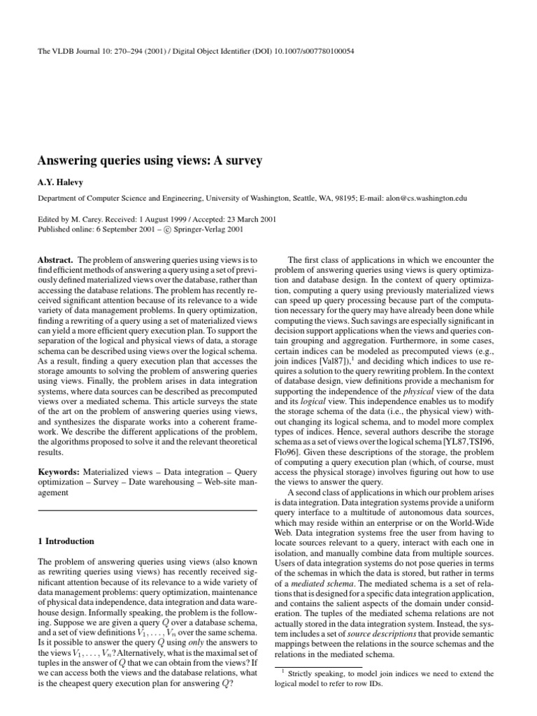 Answering Queries Using Views - A Survey | PDF | Conceptual Model ...