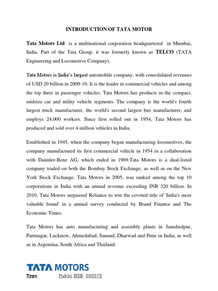 Introduction of Tata Motor: Public BSE: 500570 | PDF | Automotive ...
