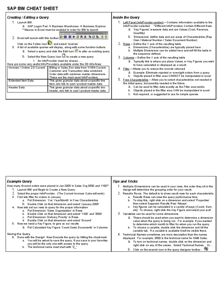 Sap BW Cheat Sheet | PDF | Microsoft Excel | Information Retrieval