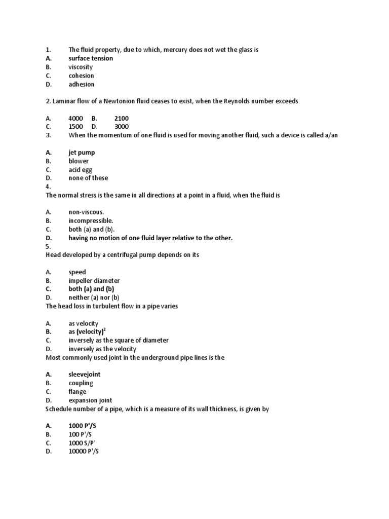 Fluid Mechanics Multiple Choice Questions For Engineers | PDF | Fluid ...