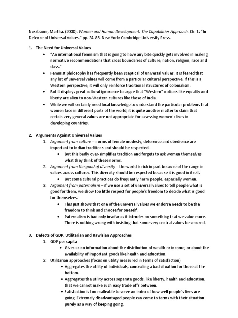 Nussbaum Women and Human Development Chapter Summary | PDF ...