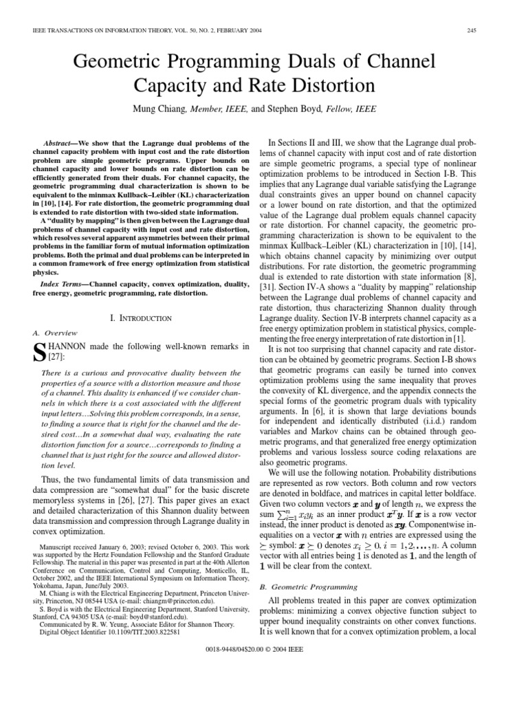 Geometric Programming Duals of Channel Capacity and Rate Distortion | Download Free PDF ...