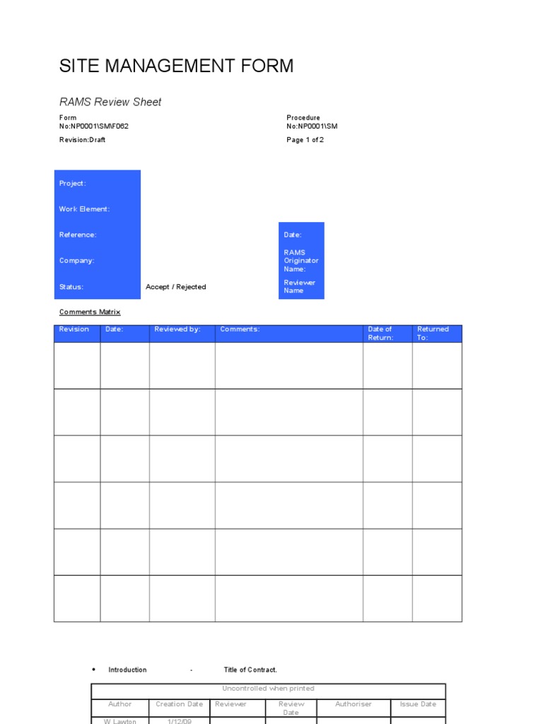 Site Management Form: RAMS Review Sheet | PDF | Environment | Business