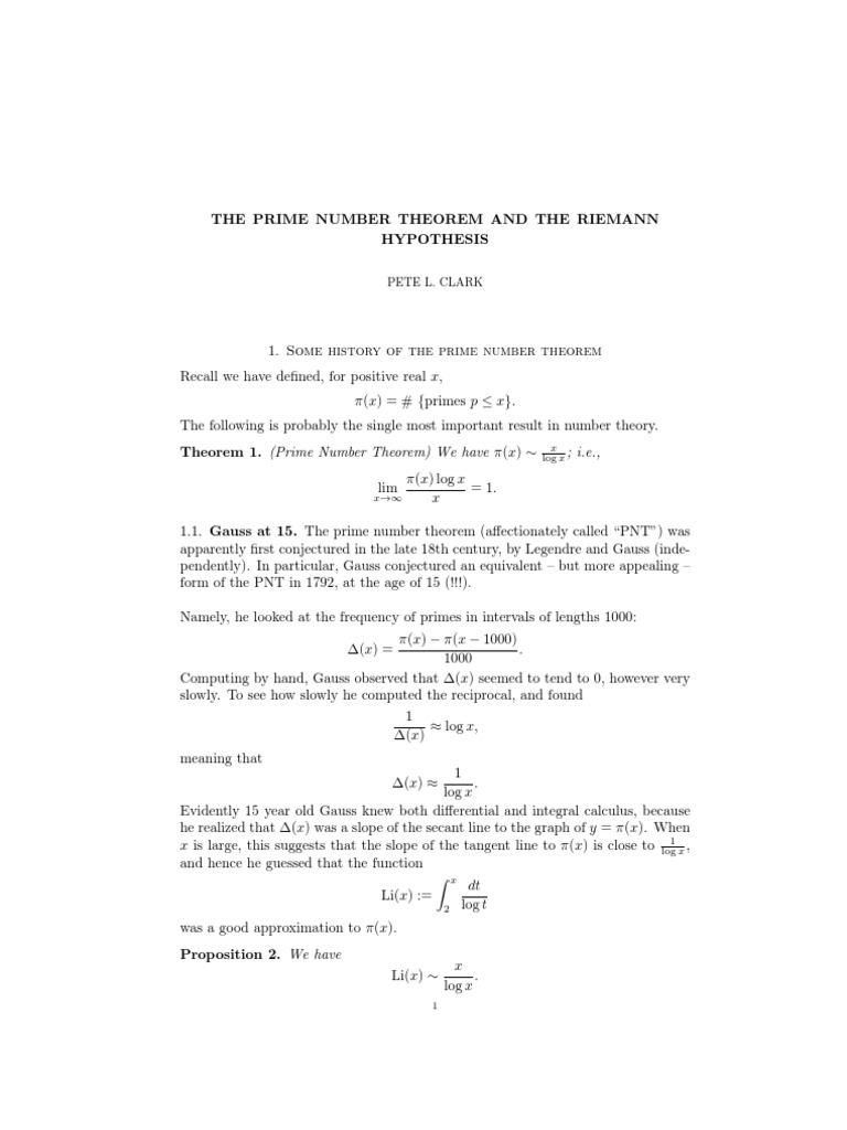The Prime Number Theorem And The Riemann Hypothesis: π (x) = # (primes p ≤ x) - ∼ ; i.e., π (x ...