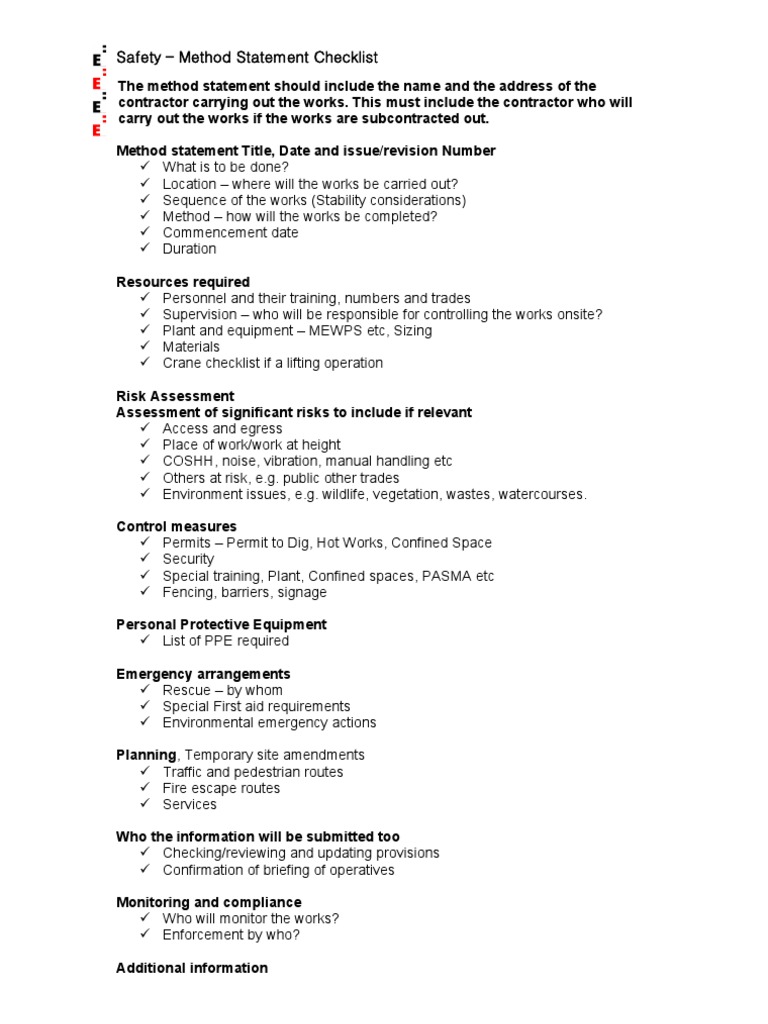 Method Statement Checklist | PDF