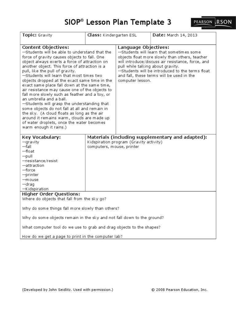SIOP Lesson Plan (3) 3-14-13 | PDF | Lesson Plan | Gravity