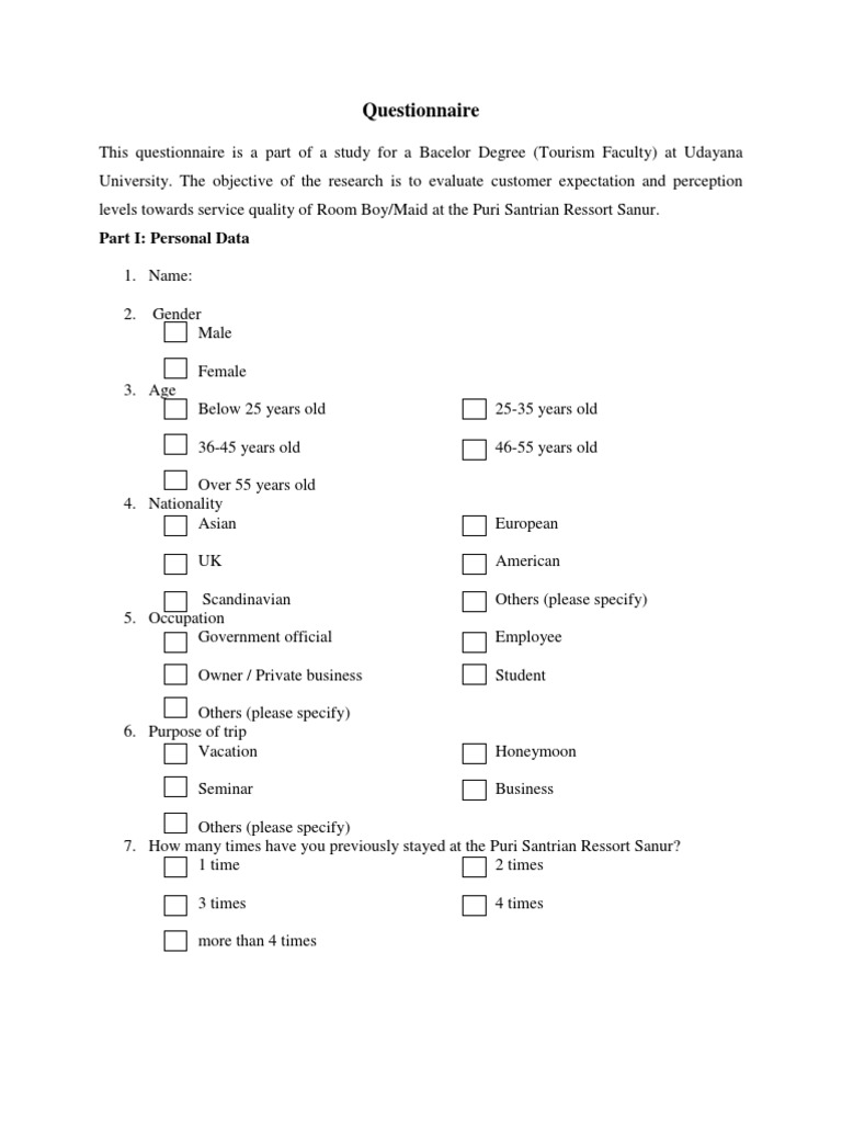 Questionnaire | PDF | Resort | Questionnaire