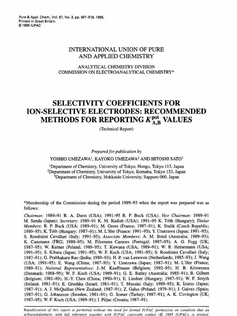 Selectivity Coefficients For Ion-Selective Electrodes | PDF | Ion ...