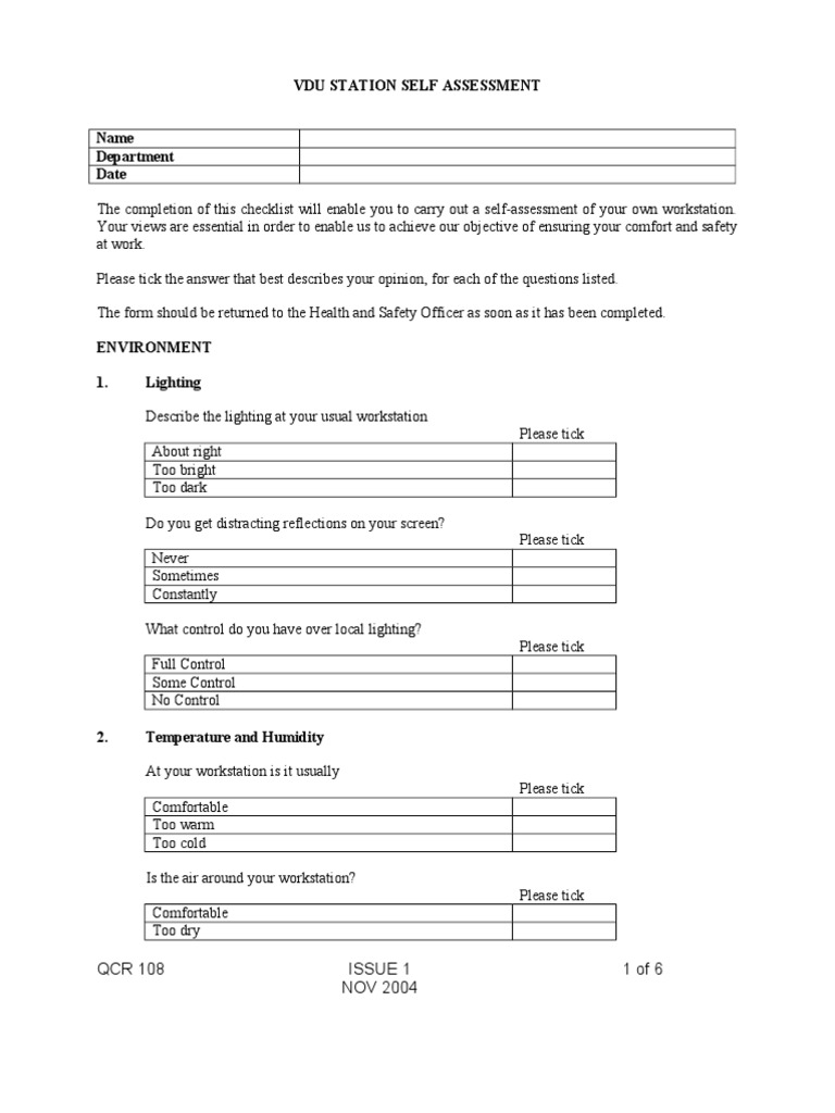 VDU Workstation Self-Assessment Form | PDF | Computer Keyboard | Chair