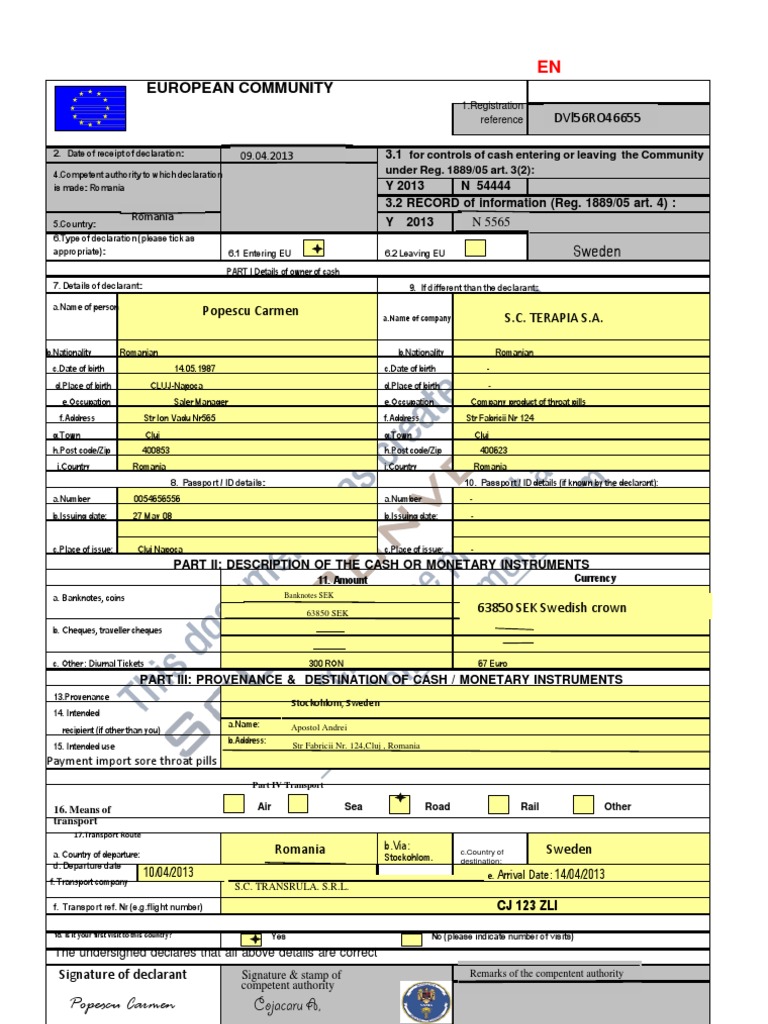 Declaration Form en | PDF | Swedish Krona | Cash