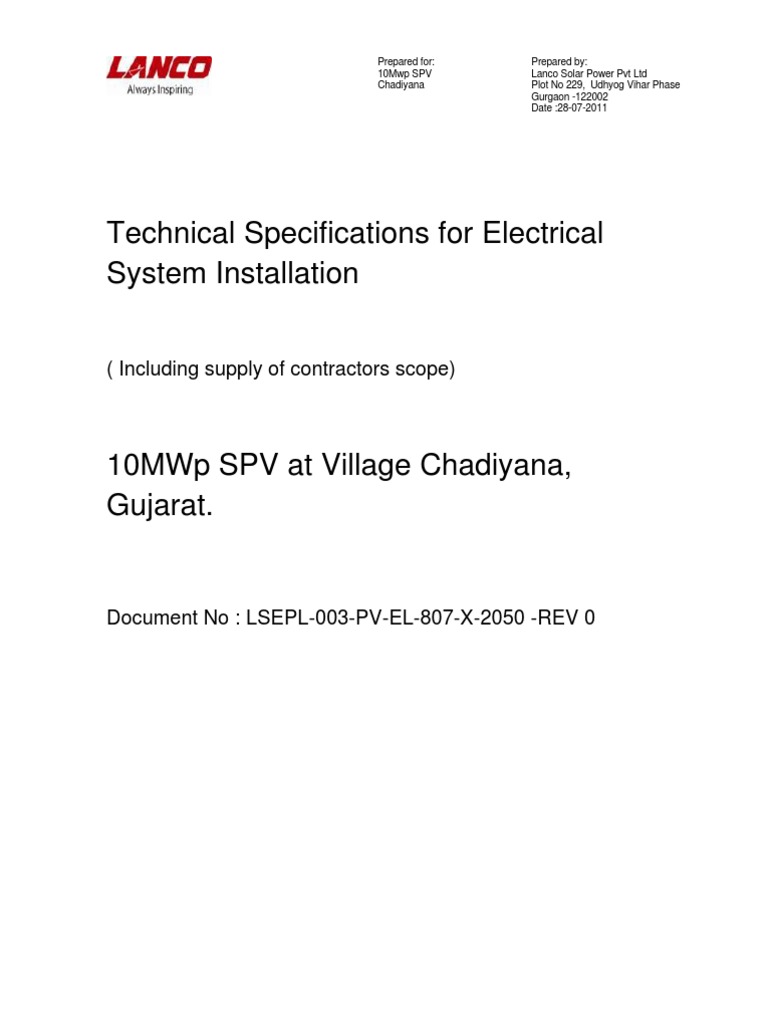 Electrical Tender Document - 10MW CHADIYANA Package 20 and 9 | PDF ...