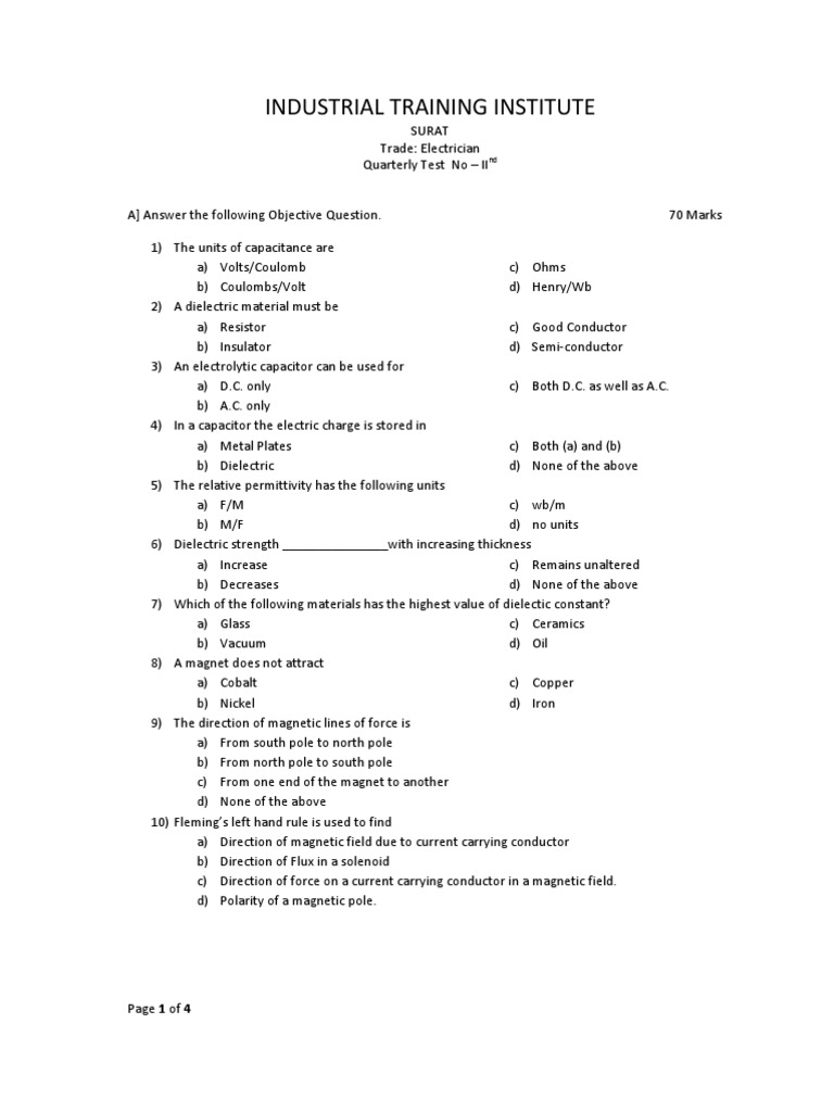 ITI Exam Paper | PDF | Inductance | Magnetic Field