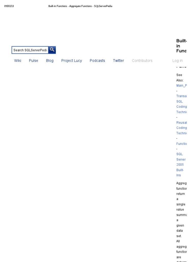 Built-In Functions - Aggregate Functions - SQLServerPedia | PDF | Parameter (Computer ...