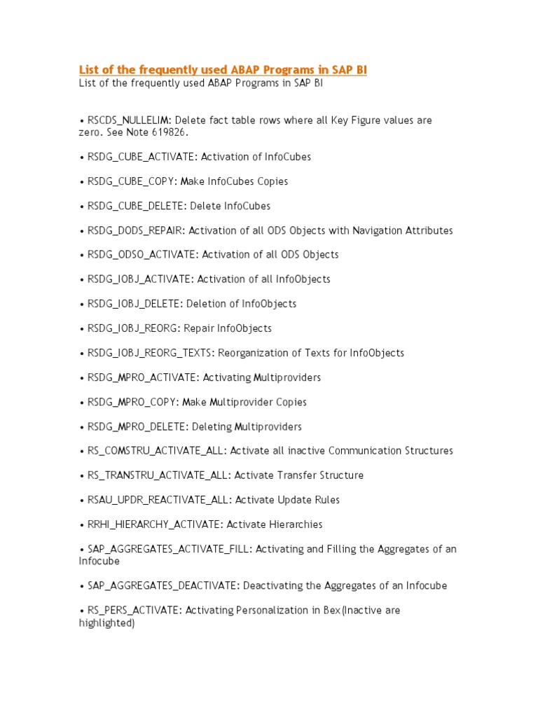 List of The Frequently Used ABAP Programs in SAP BI | PDF | Computer ...