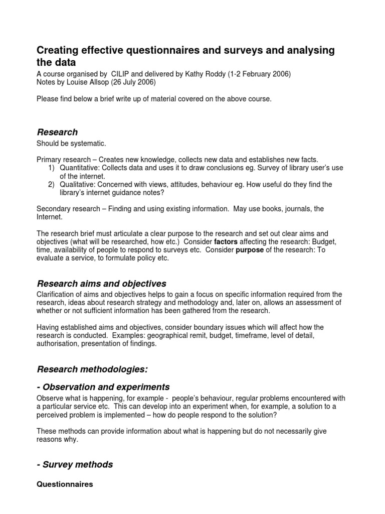 Creating Effective Questionnaires and Surveys | Survey Methodology ...