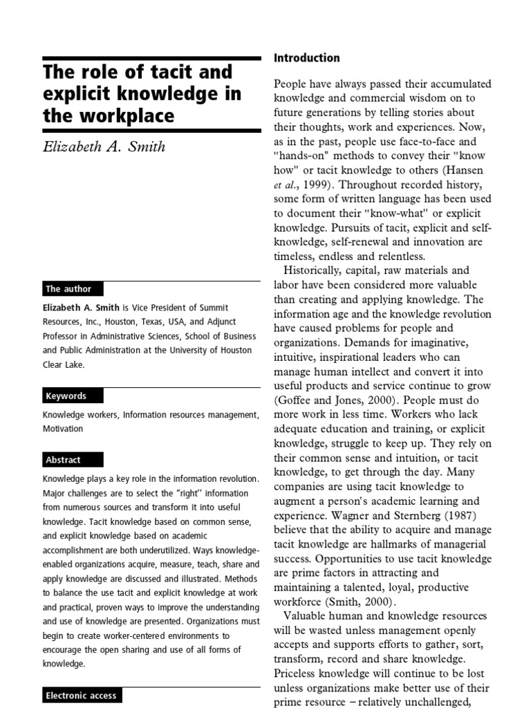 The Role of Tacit and Explicit Knowledge - Smith | PDF | Tacit ...