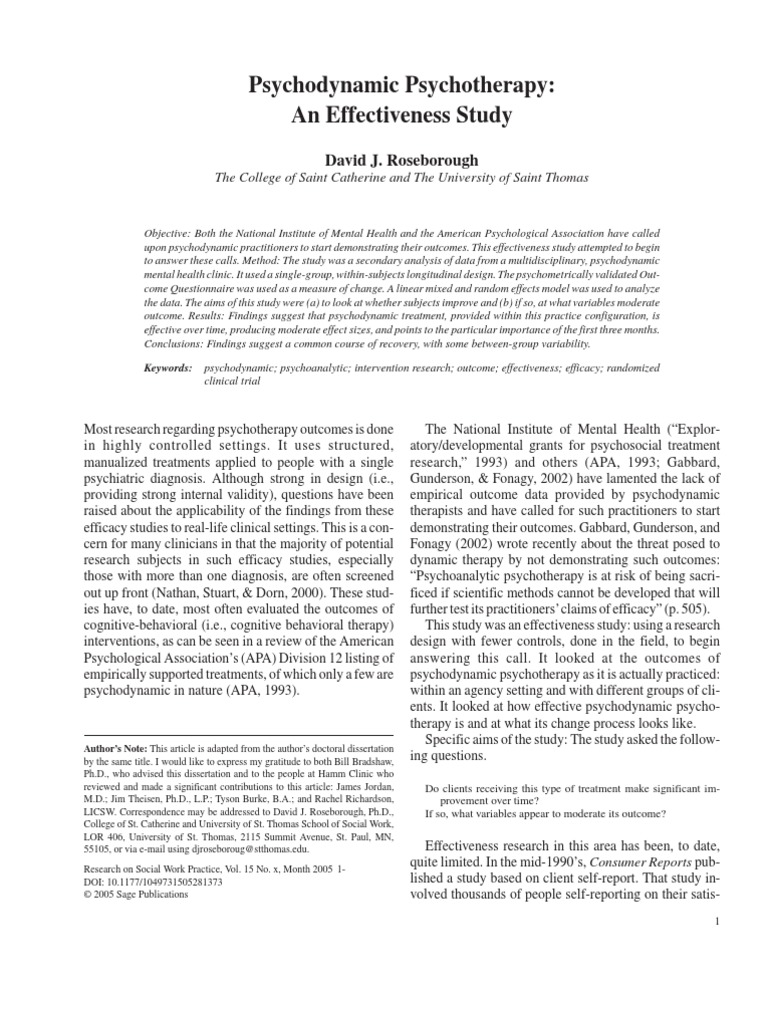 Effectiveness Study Article On Psychodynamic Psychotherapy | PDF ...