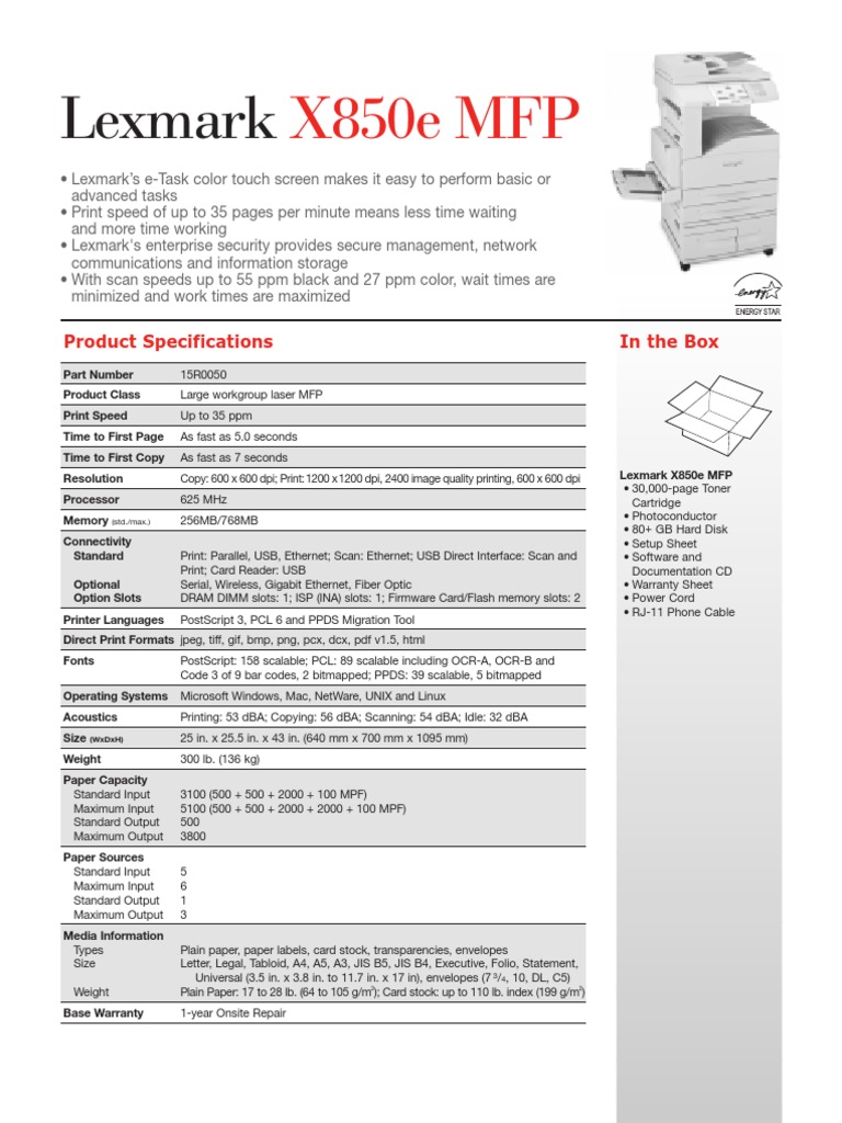 Lexmark: X850e MFP | PDF | Printer (Computing) | Image Scanner