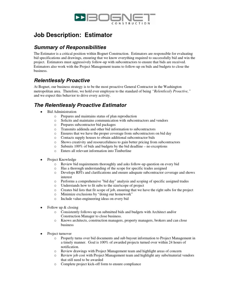 New Estimating Job Description - Draft | PDF | Construction Management ...