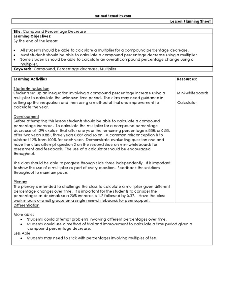 Compound Percentage Decrease Lesson Plan | PDF