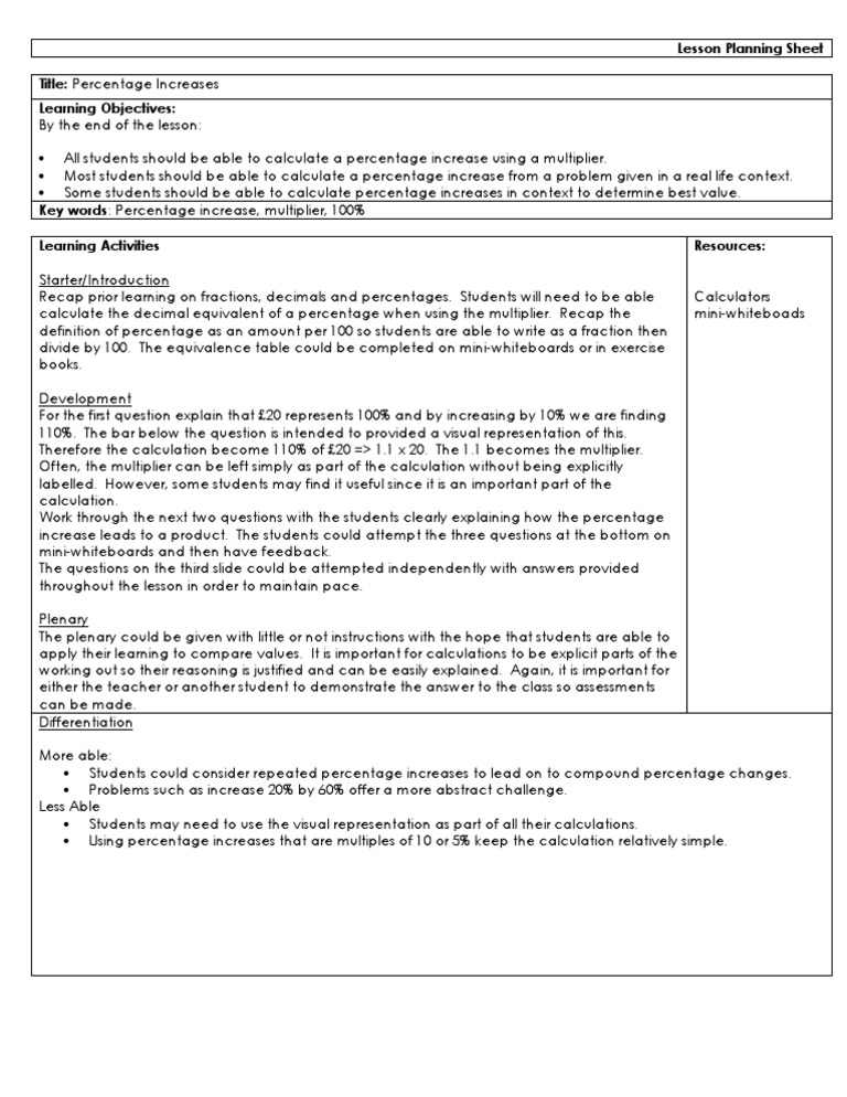 Lesson Planning Sheet Title: Percentage Increases Learning Objectives ...