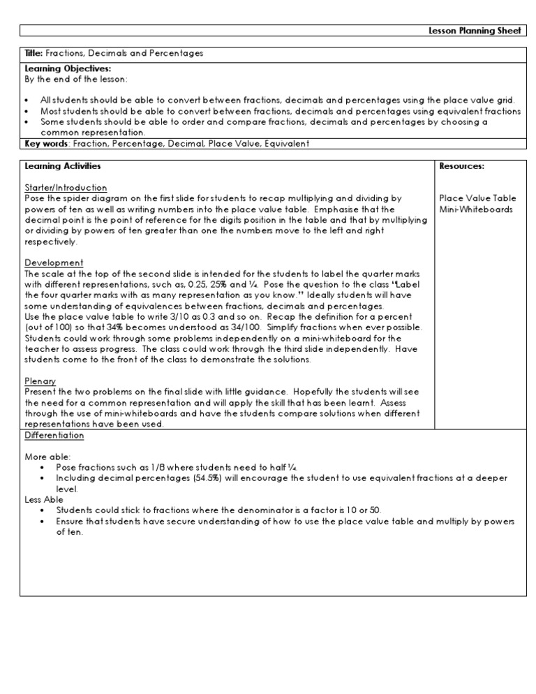 Lesson Plan Fractions | PDF | Fraction (Mathematics) | Percentage