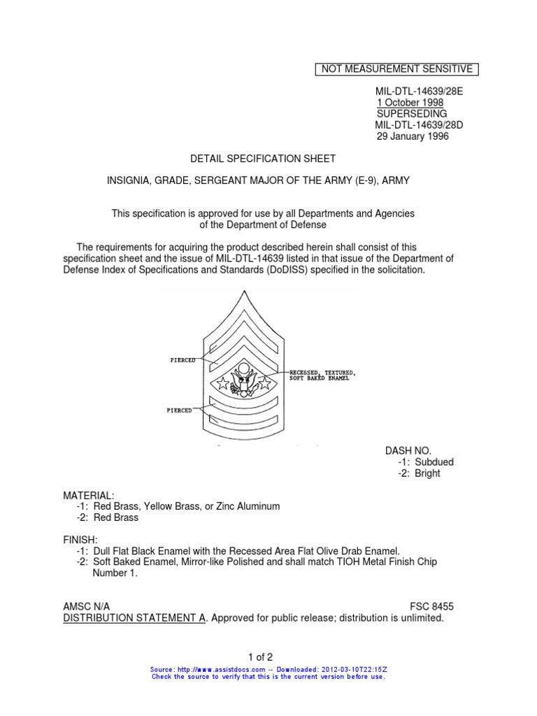 Army Sergeant Major Insignia Specs | PDF | Vitreous Enamel | Sergeant