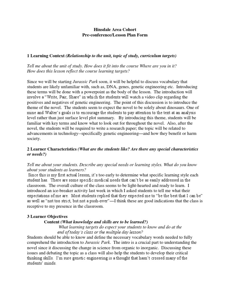 Jurassic Park Lesson Plan Overview | PDF | Educational Assessment ...