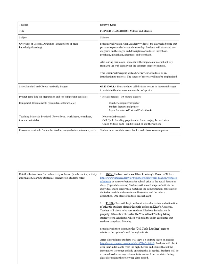 Additional Artifact: Flipped Classroom Lesson Plan | PDF | Mitosis ...