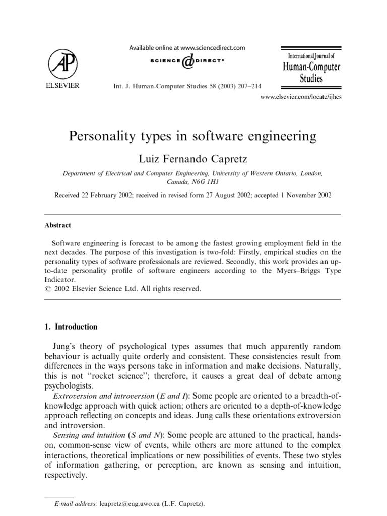 Personality Types in Software Engineering: Luiz Fernando Capretz | PDF ...