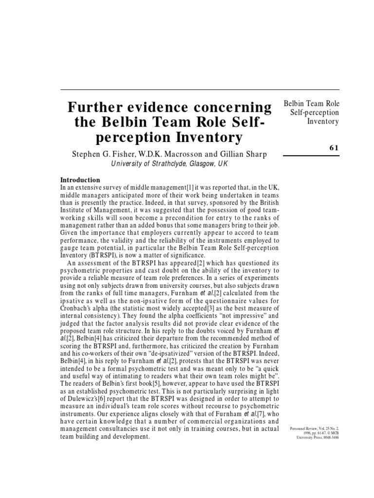 Further Evidence Concerning The Belbin Team Role Self-Perception ...