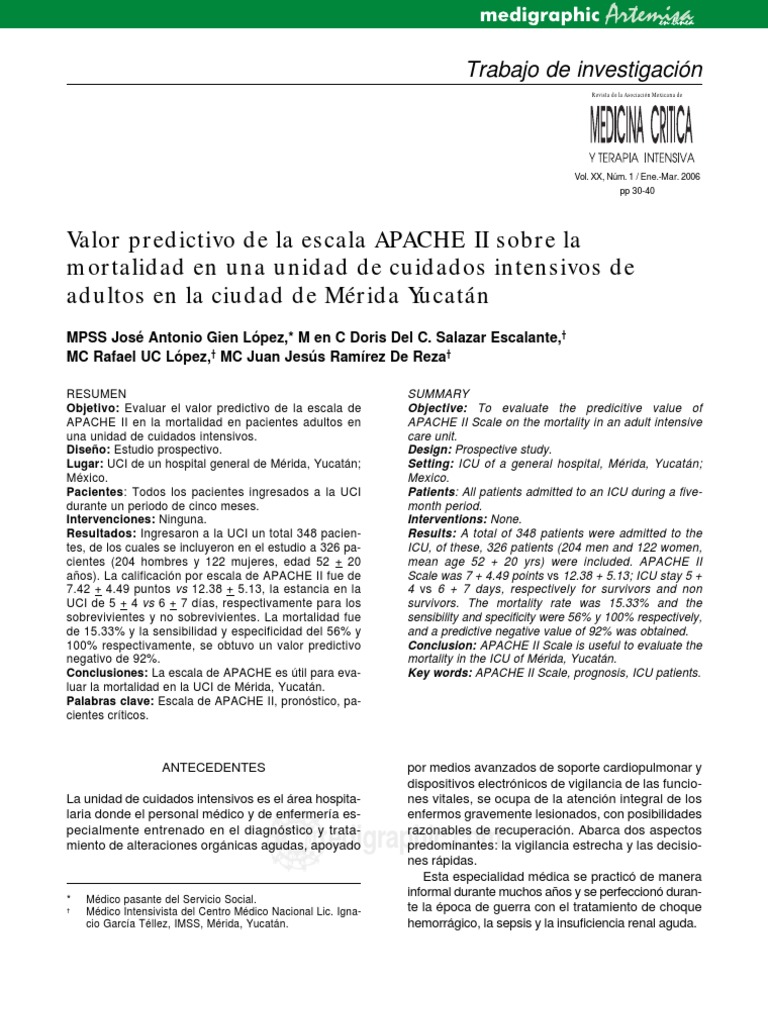 Valor Predictivo de La Escala APACHE II | PDF | Hospital | Cuidado de ...