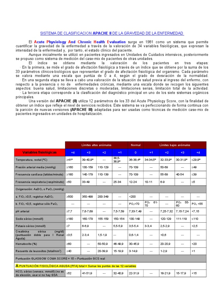 SISTEMA DE CLASIFICACIÓN APACHE II DE LA GRAVEDAD DE LA ENFERMEDAD ...
