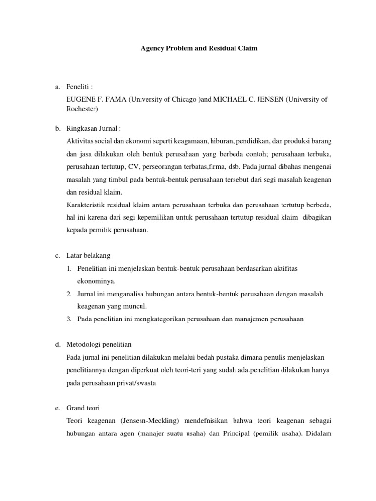 Agency Problem and Residual Claim | PDF | Karier & Perkembangan | Pengelolaan Keuangan & Uang