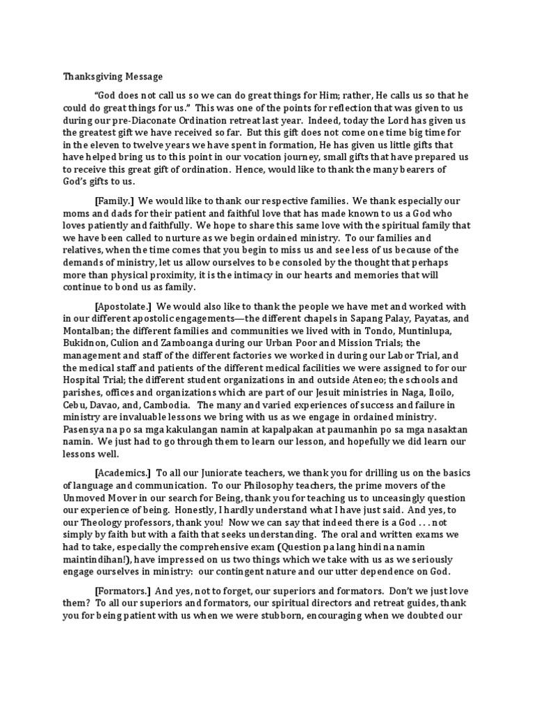 Thanksgiving Message | PDF | Ordination | Society Of Jesus
