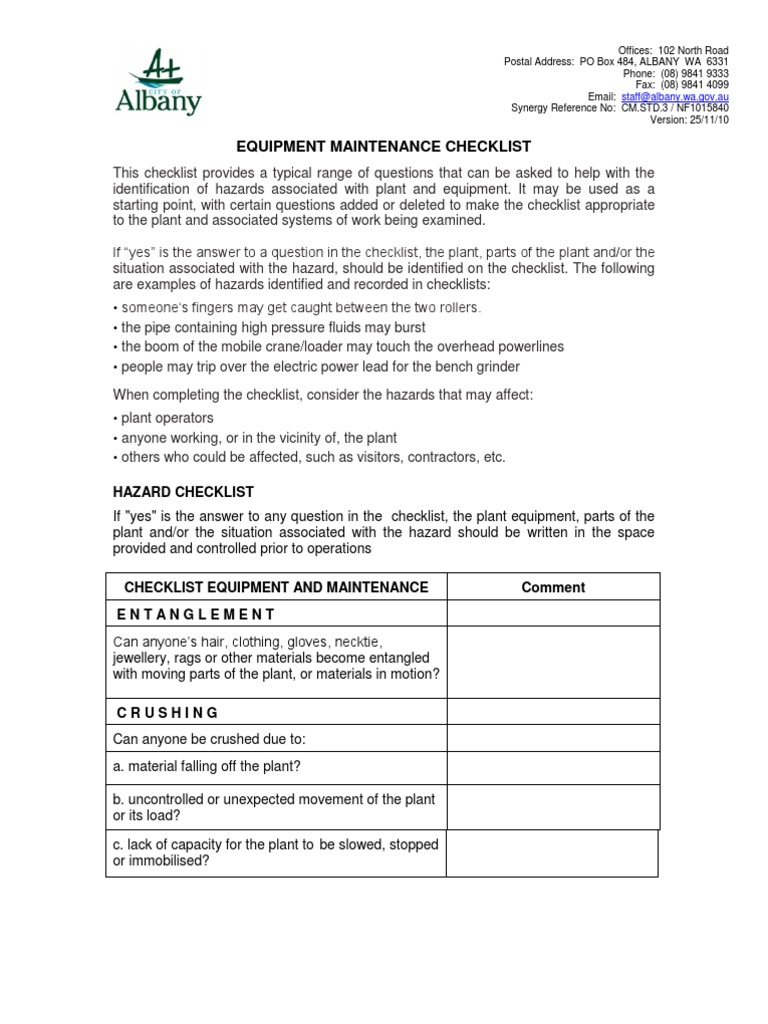 Equipment Maintenance Hazard Checklist | PDF | Chemistry | Nature