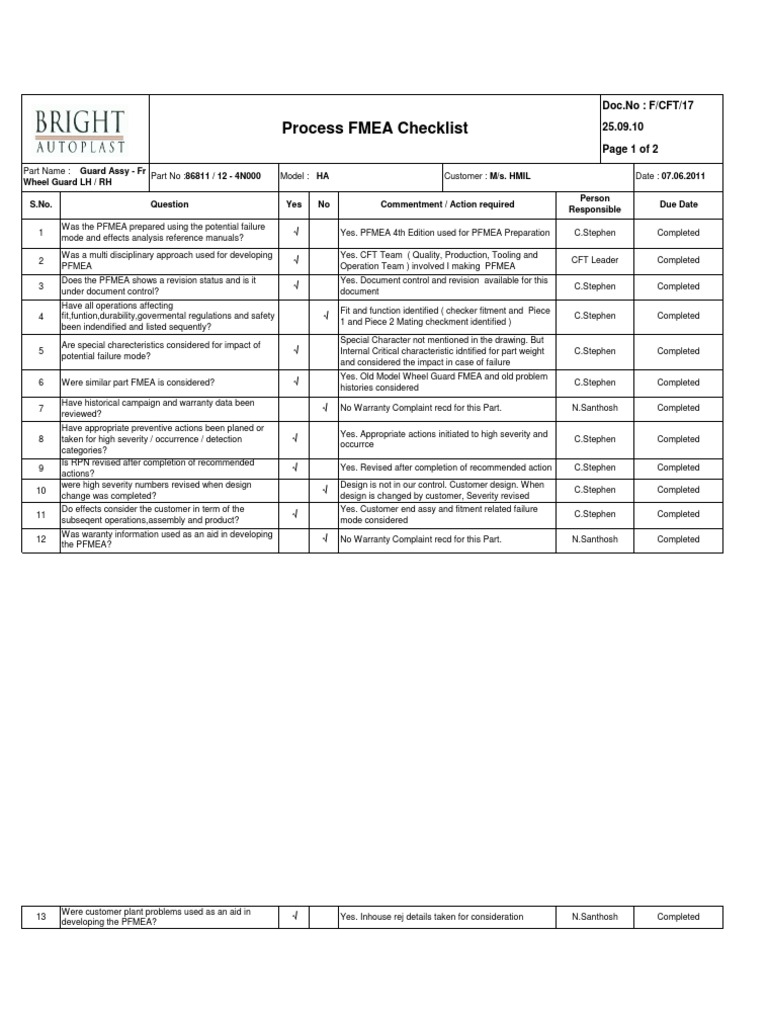 17 FMEA CheckList | Technology | Business