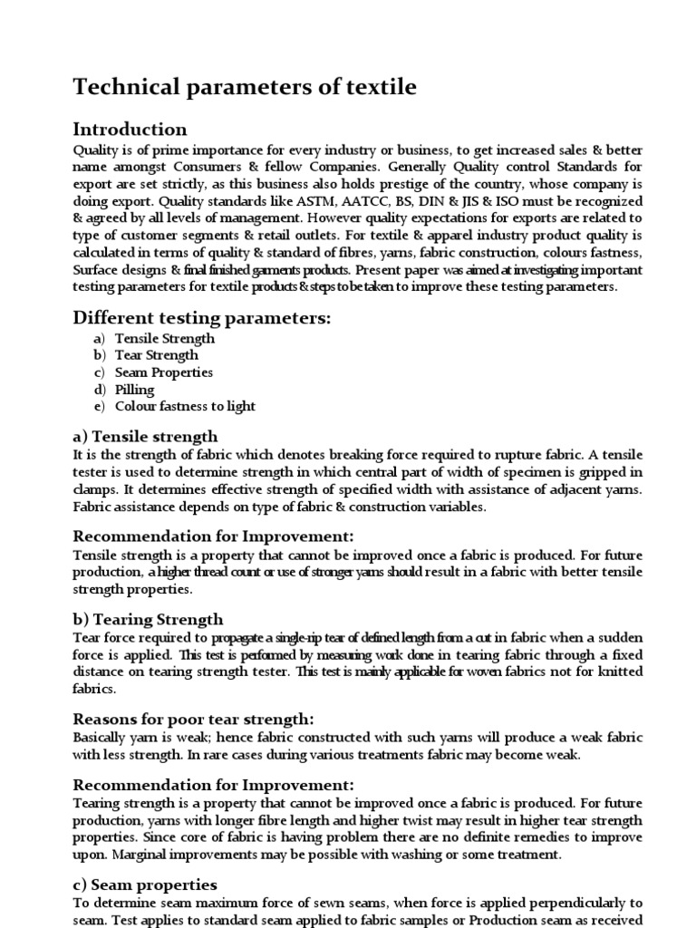 Different Quality Parameters For Textiles | PDF | Textiles | Yarn