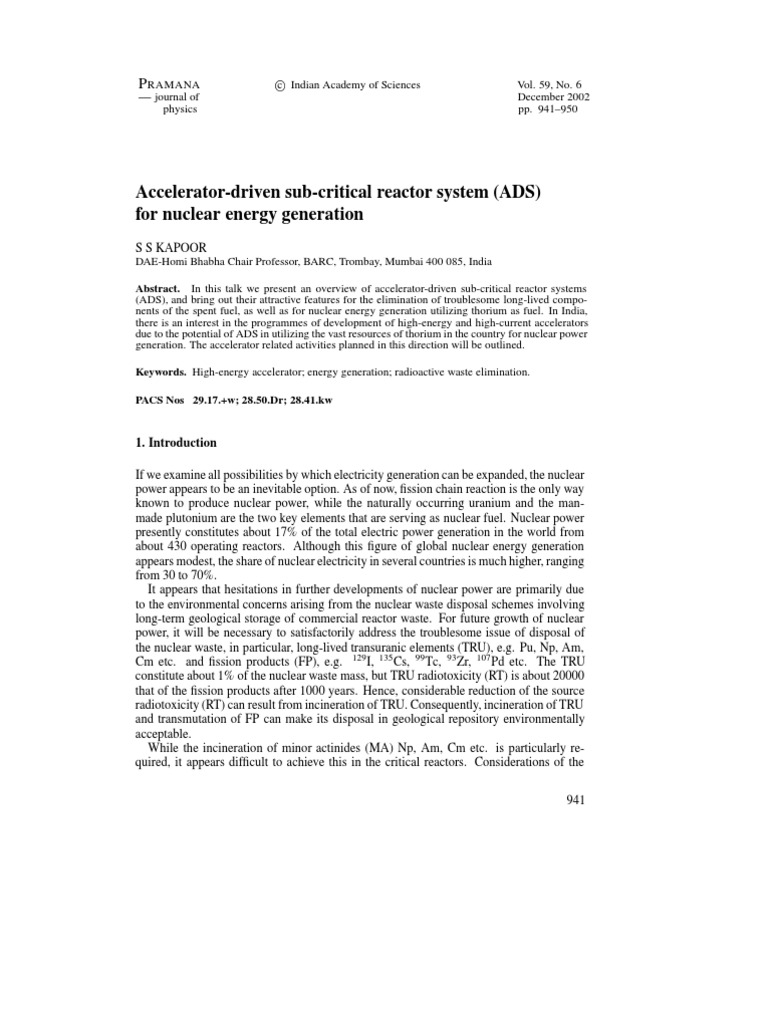 Accelerator-Driven Sub-Critical Reactor System For Nuclear Energy Generation PDF | PDF ...