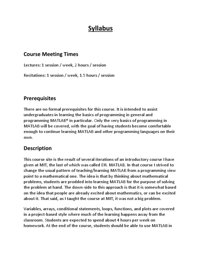 Syllabus Introduction To Matlab Programming Pdf Matlab Lecture