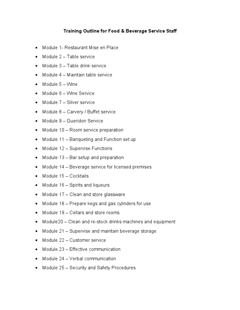 Training Outline For Food & Beverage Service Staff | PDF | Alcoholic ...