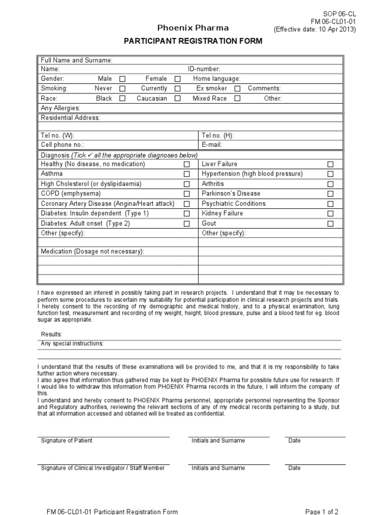 Phoenix Pharma Participant Registration Form | PDF